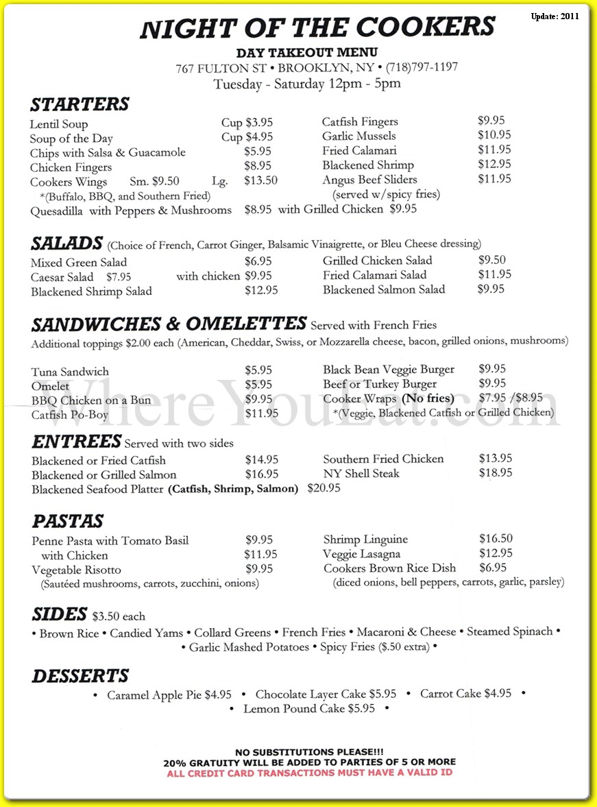 Night of the Cookers Restaurant in Brooklyn / Menus & Photos