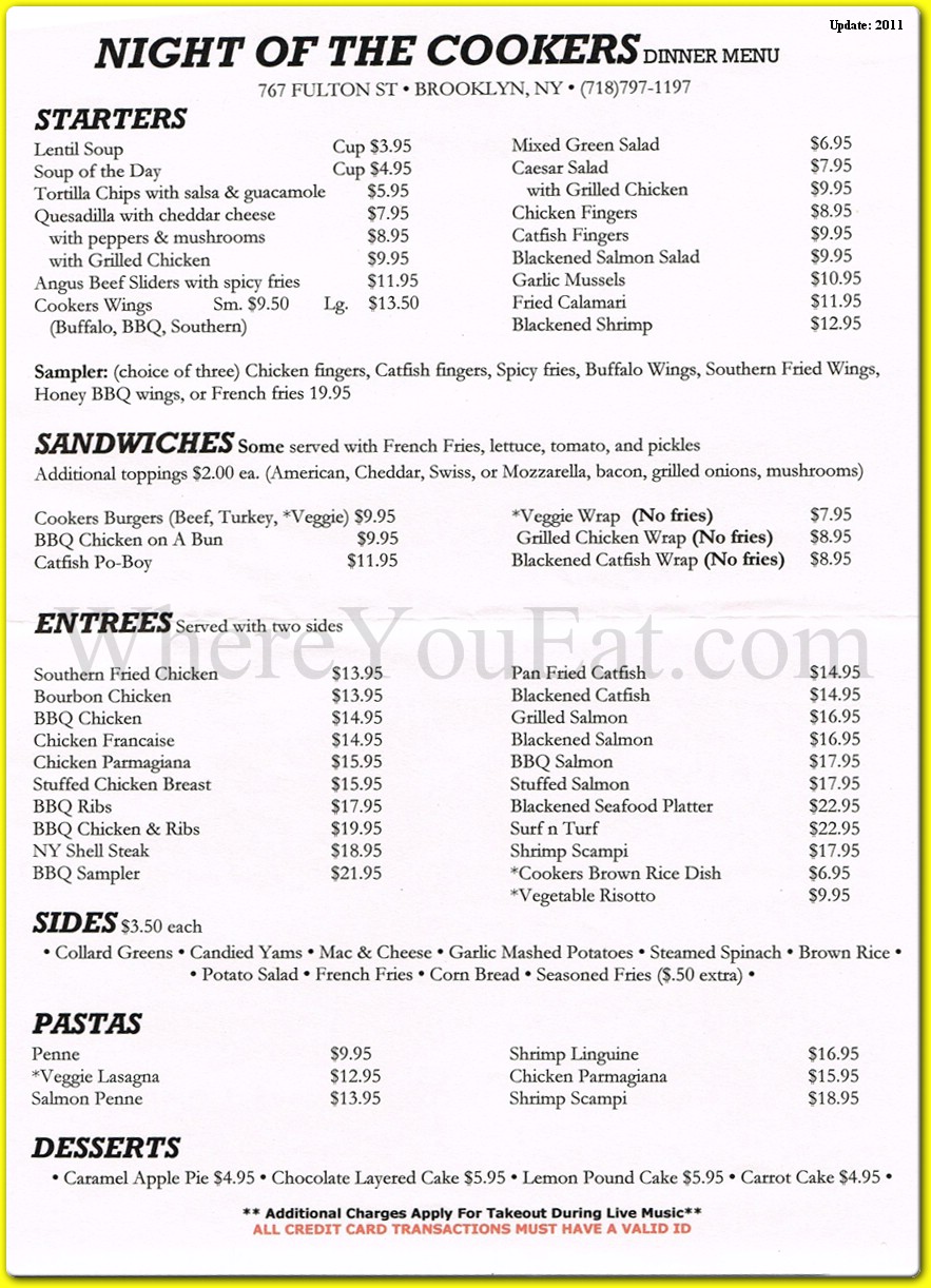 Night of the Cookers Restaurant in Brooklyn / Menus & Photos