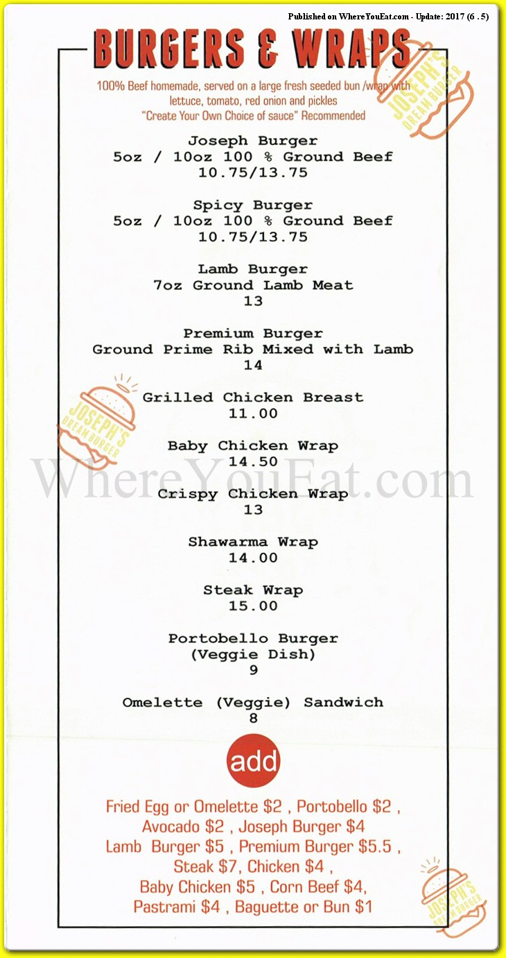 Joseph's Dream Burger Restaurant in Brooklyn / Official Menus & Photos