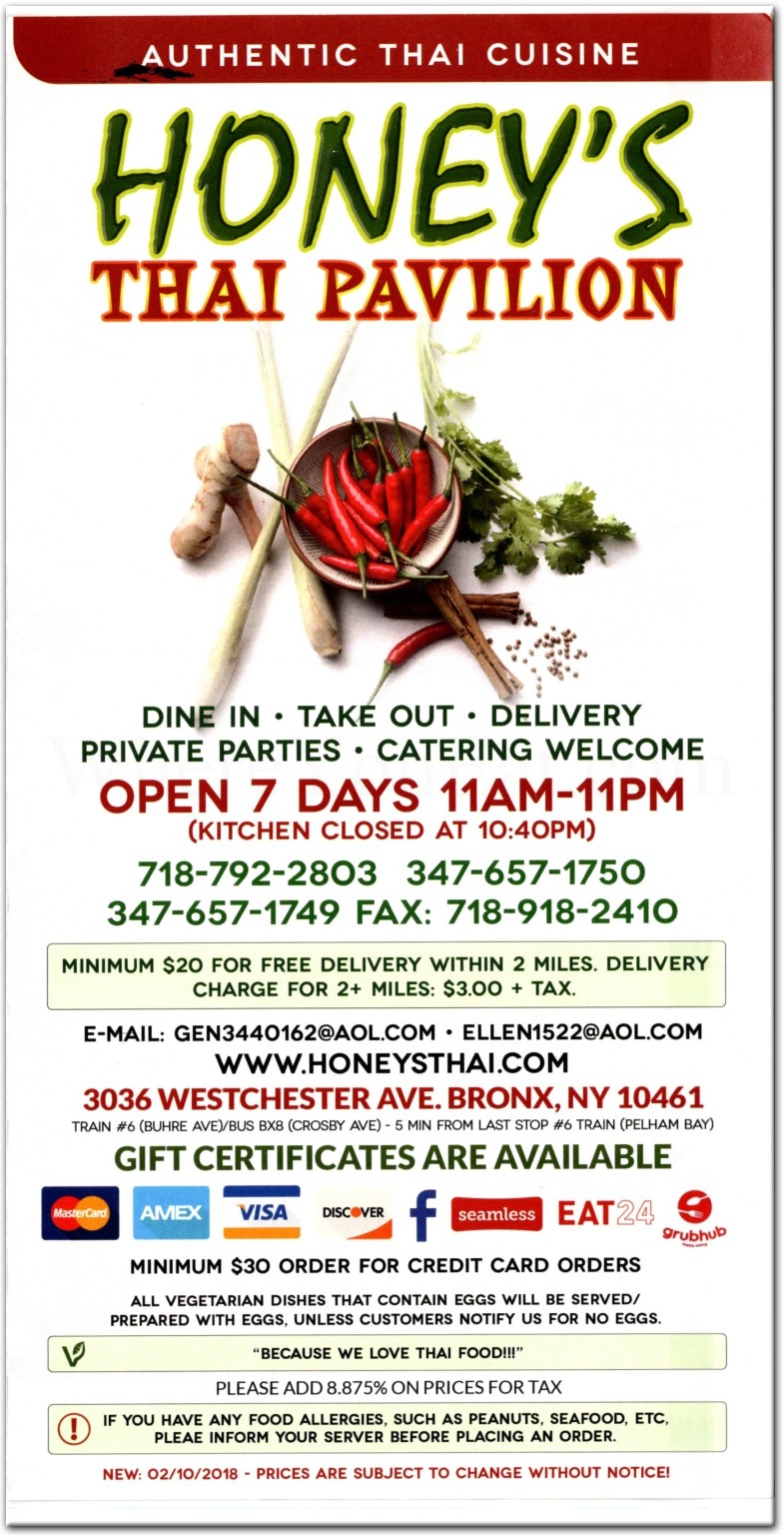 Honey's Thai Pavilion Restaurant in The Bronx / Official Menus & Photos