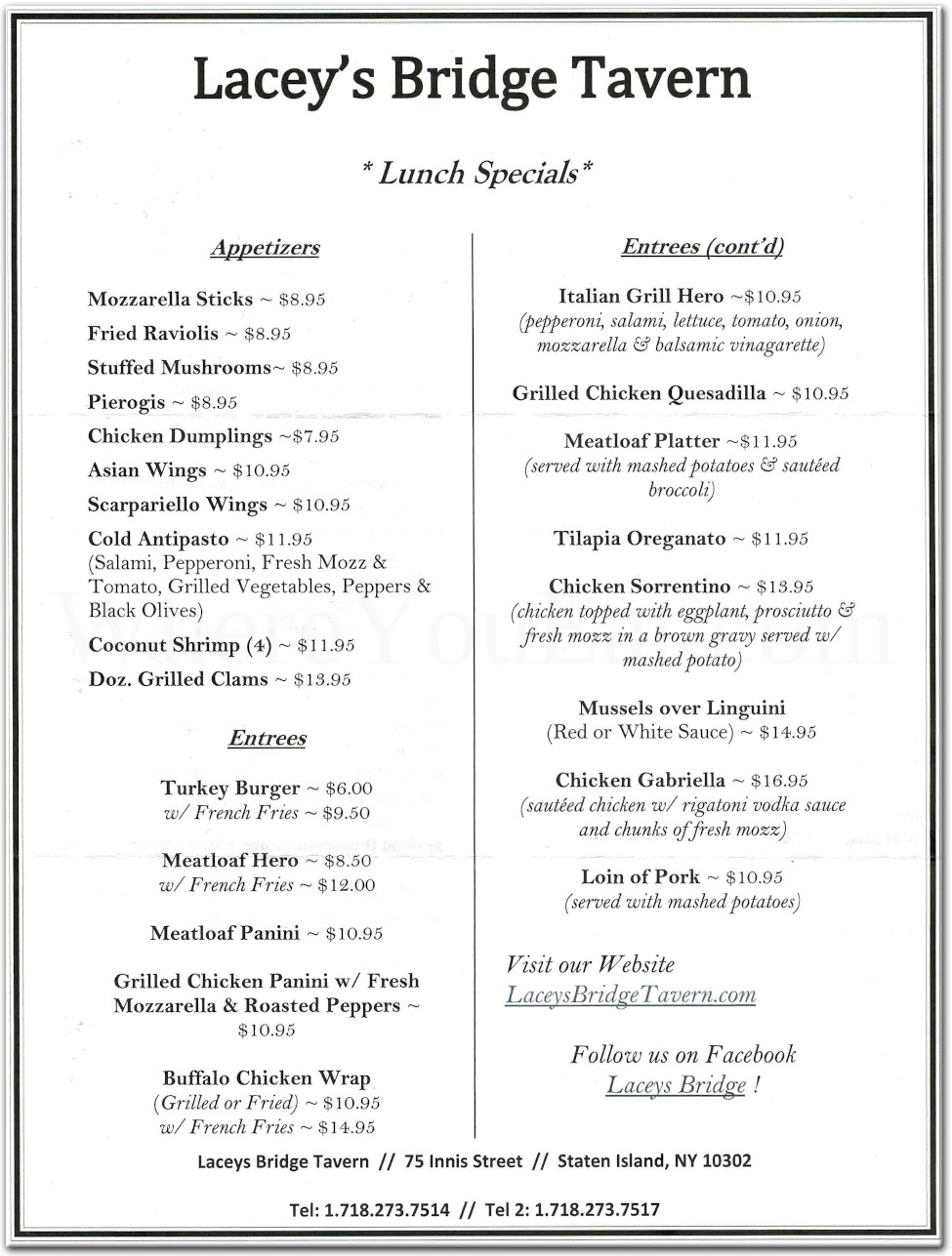 Lacey's Bridge Tavern Restaurant in Staten Island / Official Menus & Photos